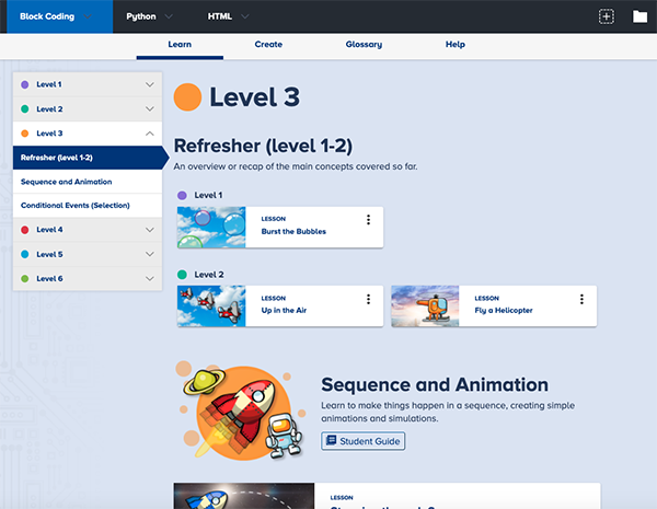 A closer look at Block Coding and the Create 'free coding' area ...